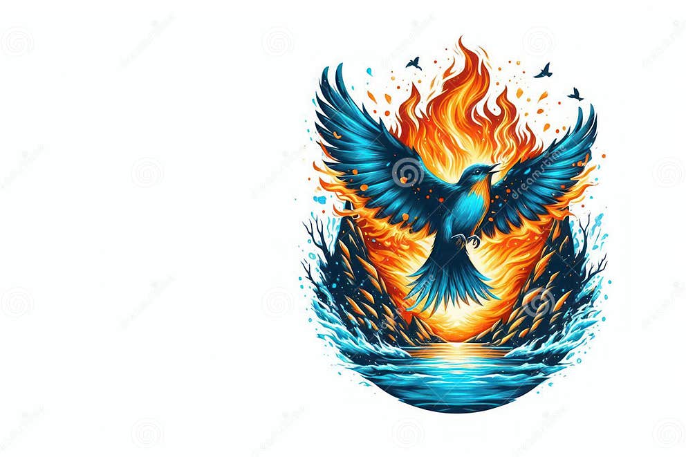 A Phoenix Rising from Fire and Water in an Epic Flight. Space for Text ...