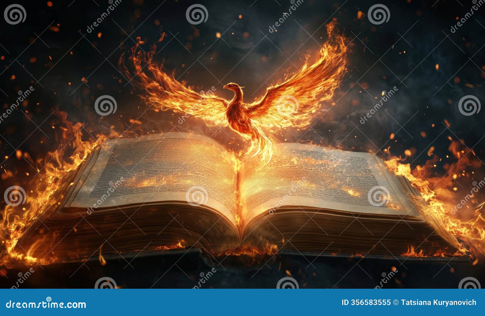 Phoenix Rising from an Open Book with Vibrant Flames, Symbolizing ...