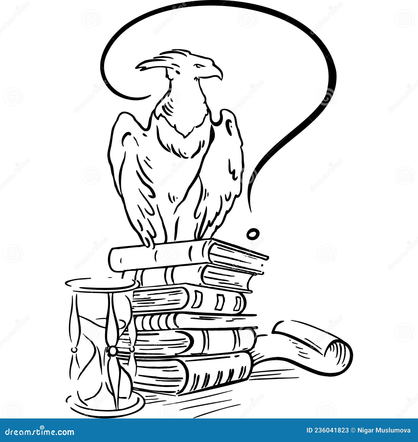 Phoenix Sits on a Stack of Books Near Parchment and Hourglass Sketch ...