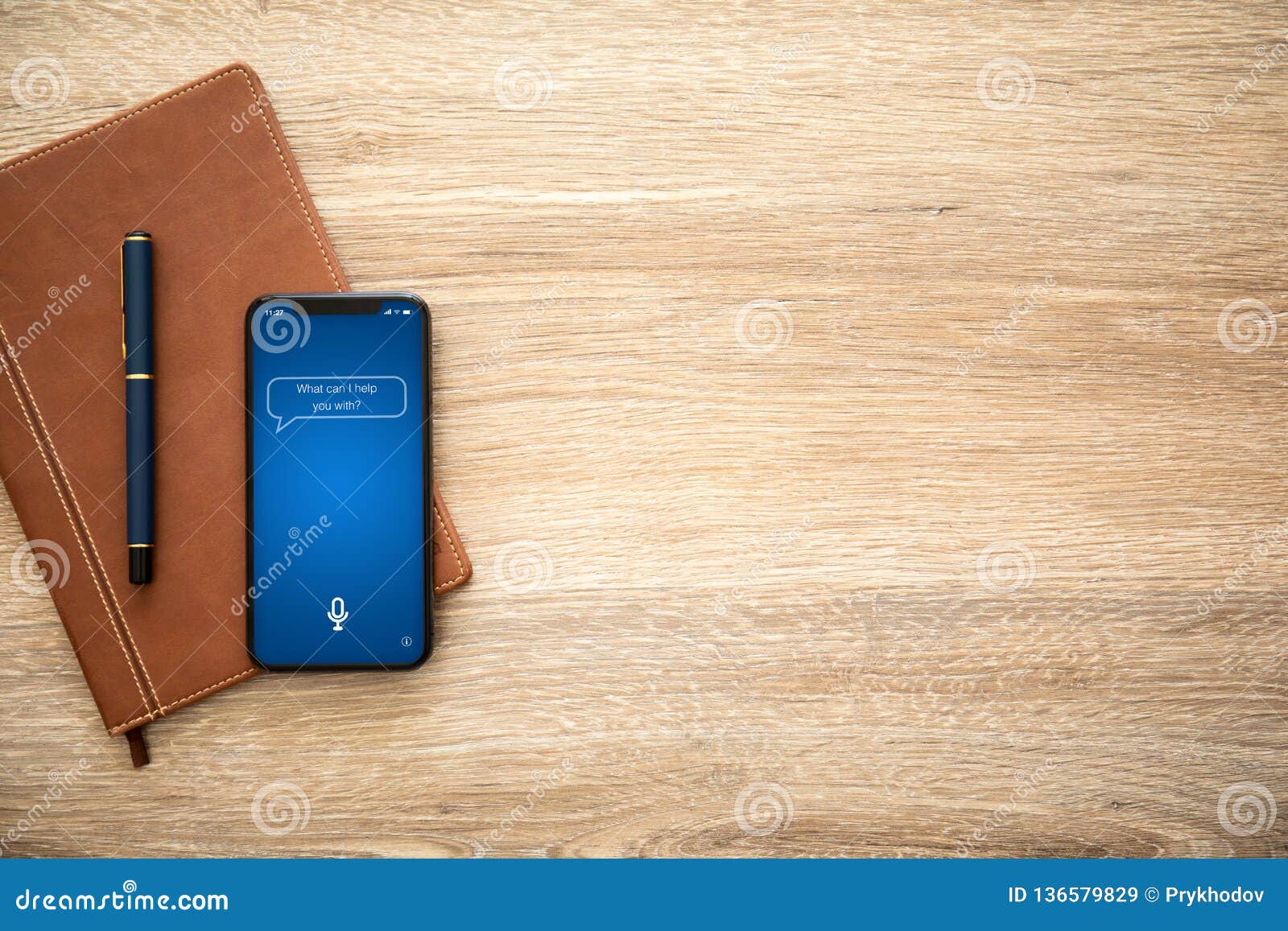 Phone with App Personal Assistant on Screen and Notebook Stock Image ...