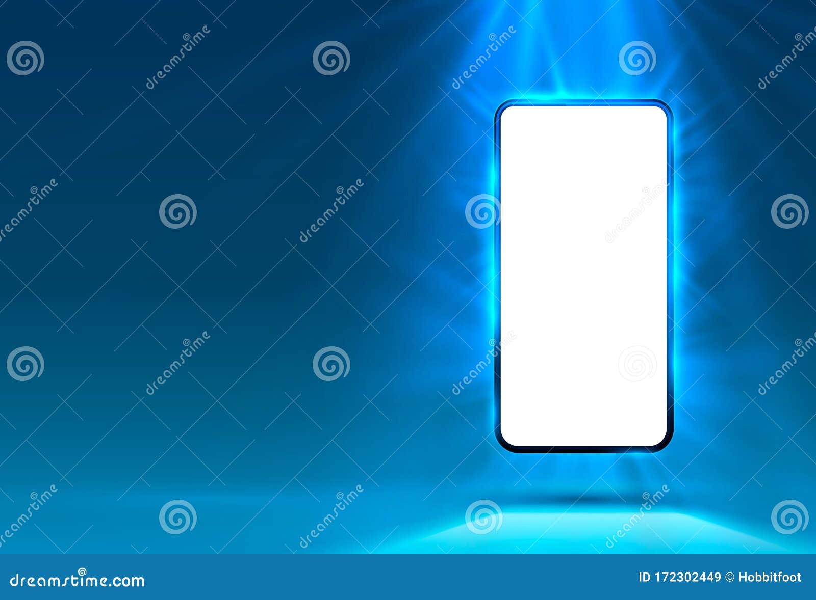 Phone in Bright Blue Color, Rays of Light in the Background. Stock ...