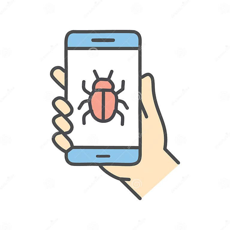 Phone Bug Icon. Hand Holding a Smartphone with a Bug Icon on the Screen, Symbolizing Cyber ...