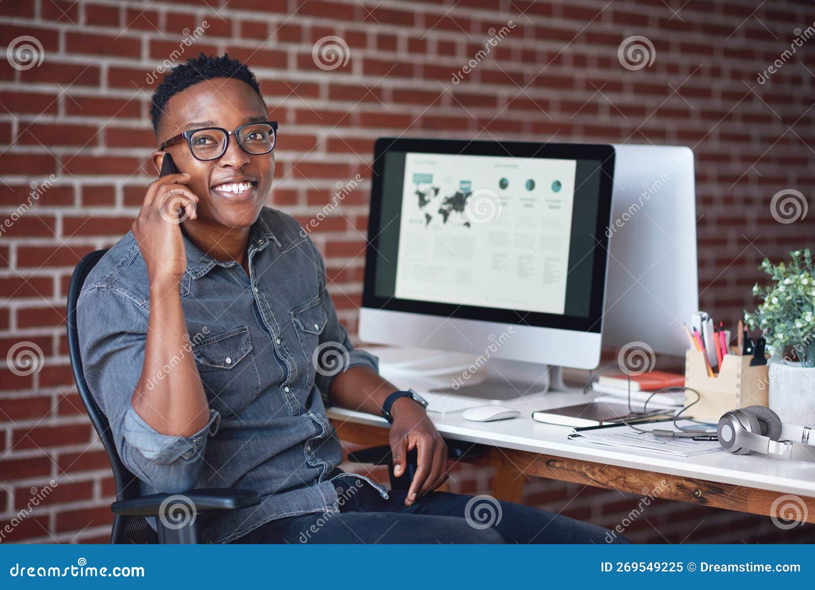 Phone Call, Black Man and Computer with Global Market Research Thinking ...