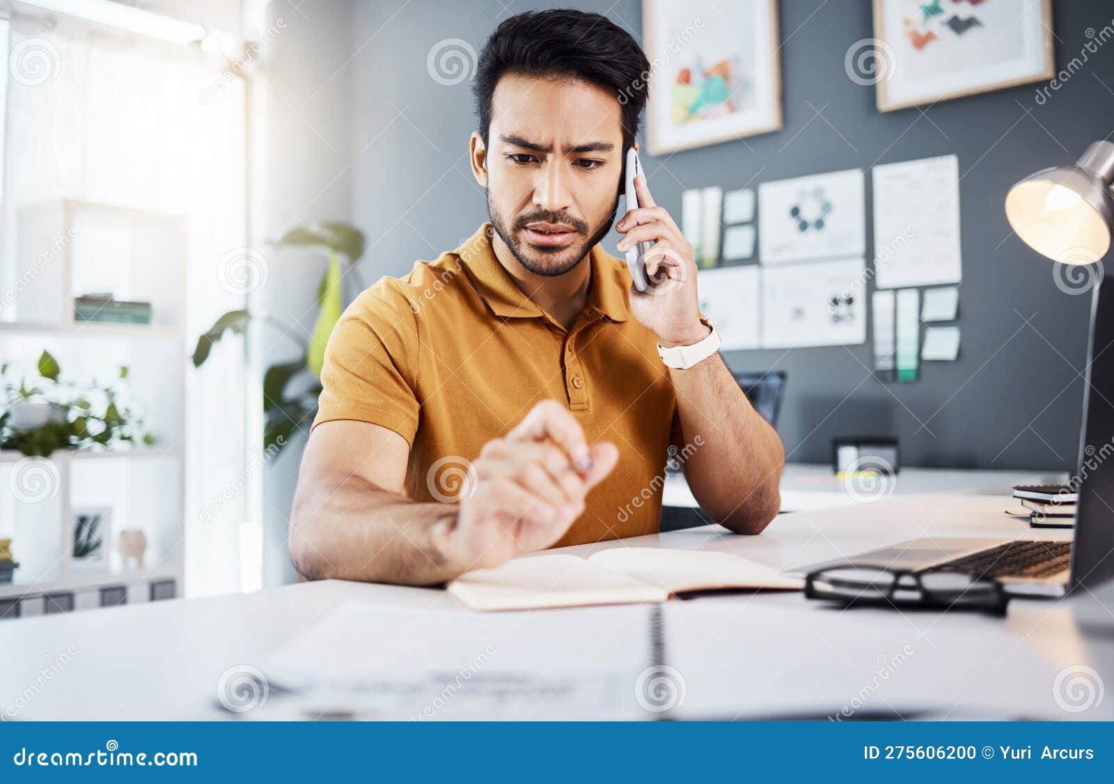 Phone Call, Confused and Asian Man with Problem in Office for Issue ...