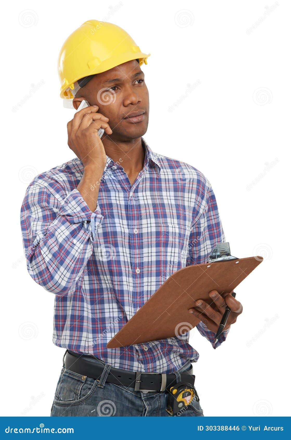 Phone Call, Construction and Man with Clipboard on a White Background ...