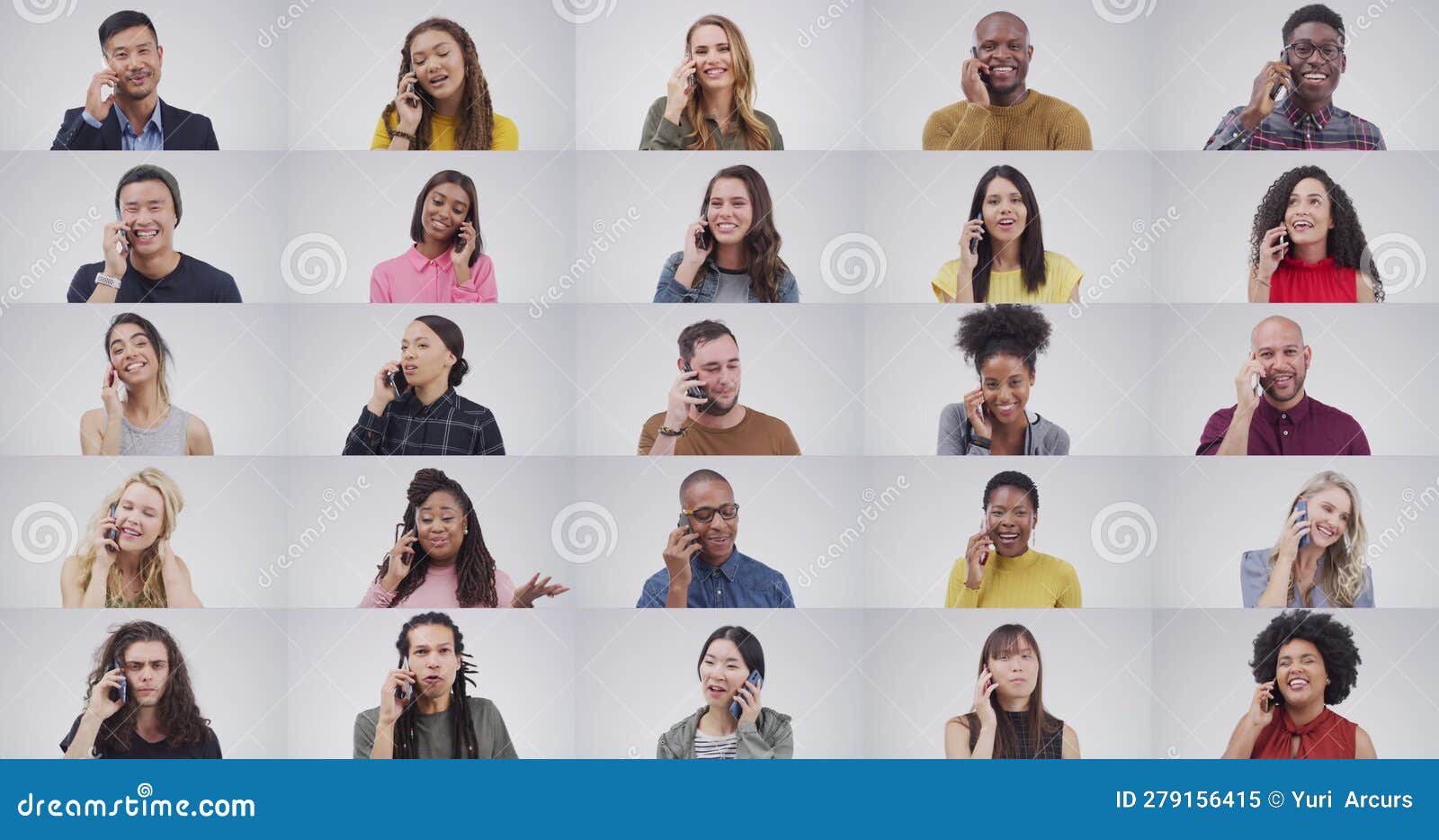 Phone Call, Diversity and Collage of People in Studio for Communication ...