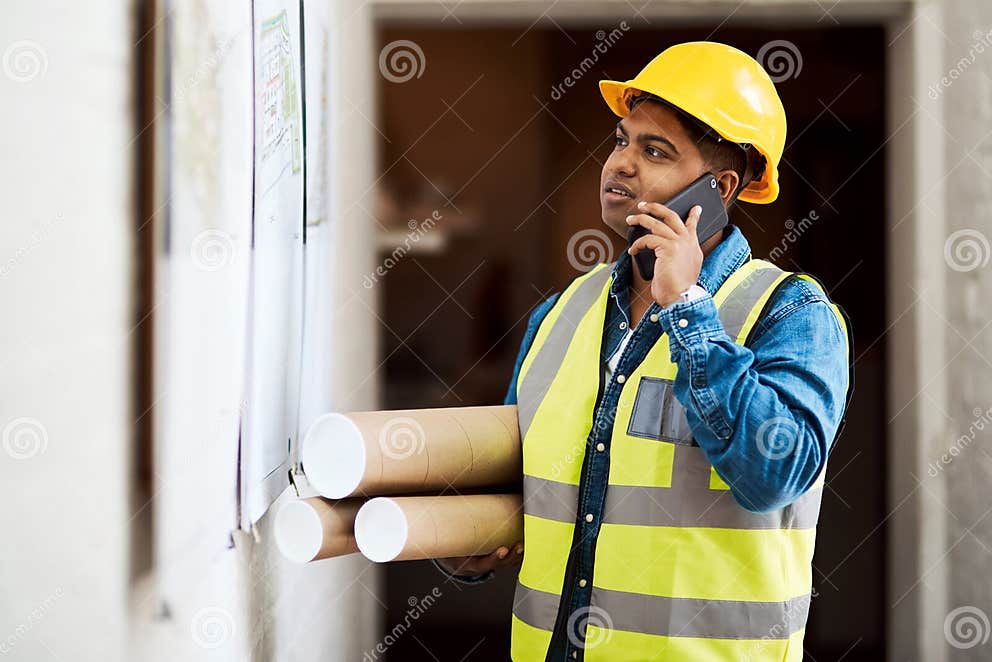 Phone Call, Engineer and Man Talking of Blueprint Design, Update or ...