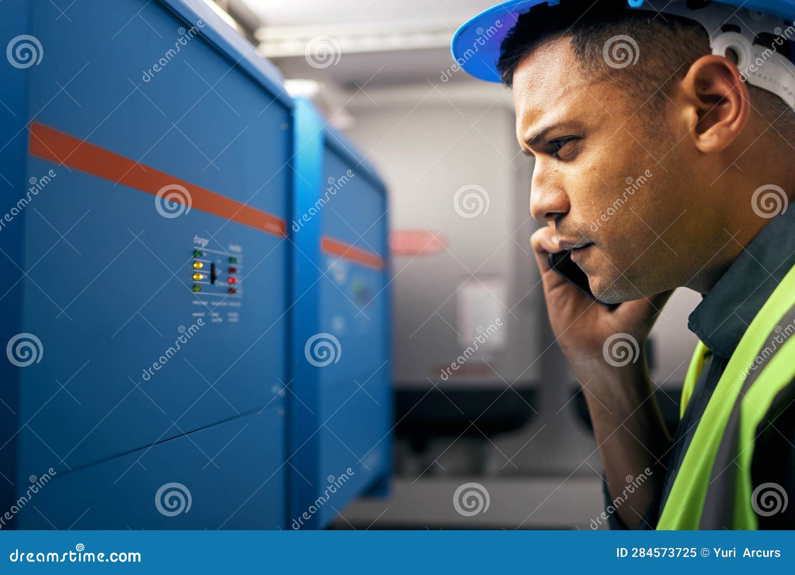 Phone Call, Man and Check with Engineer on Power Box, Control Room or ...