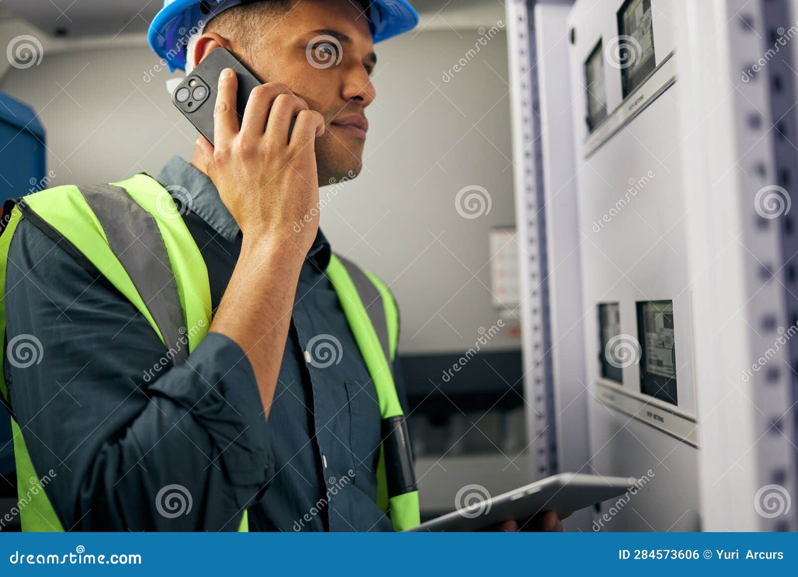 Phone Call, Man and Engineering in Control Room or Technician with ...