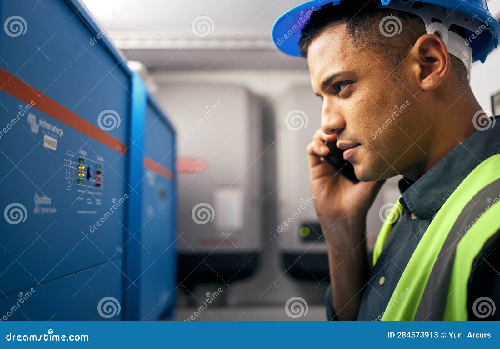 Phone Call, Man and Technician Working in Control Room or Engineering ...