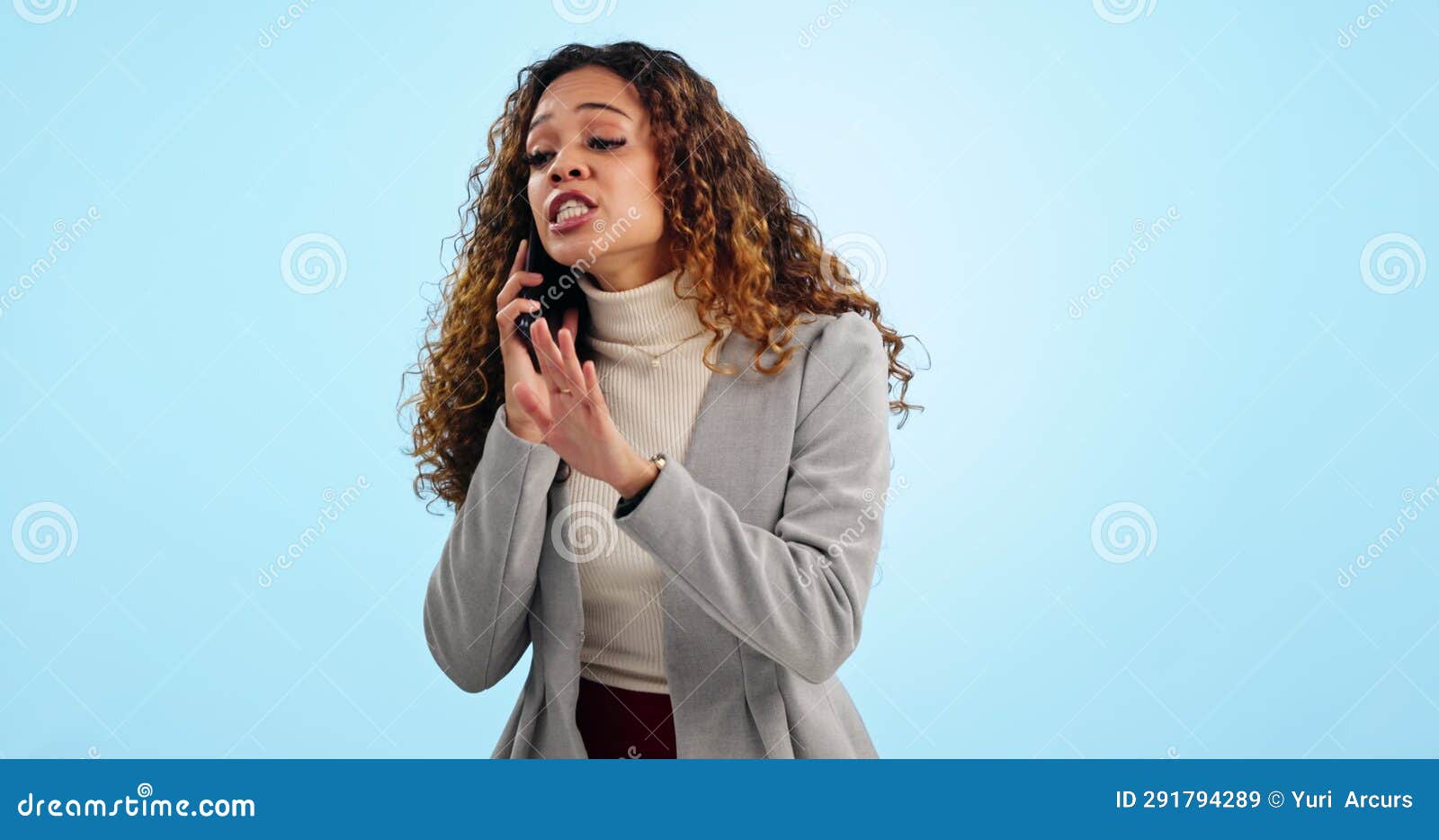 Phone Call, Problem and a Business Woman Arguing on a Blue Background ...