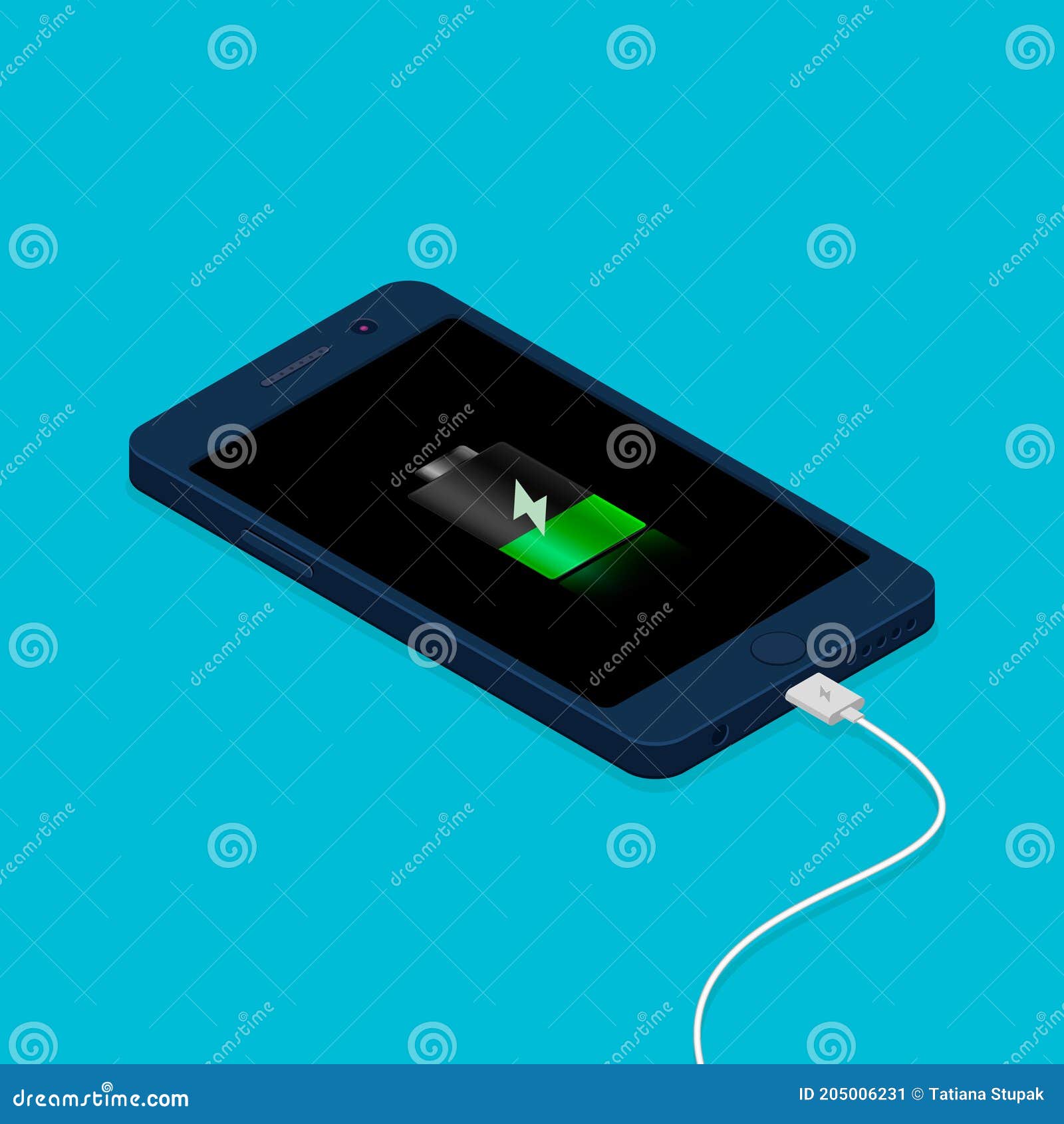 Phone Charge Isometric Illustration. Mobile Phone and Cable, Low ...