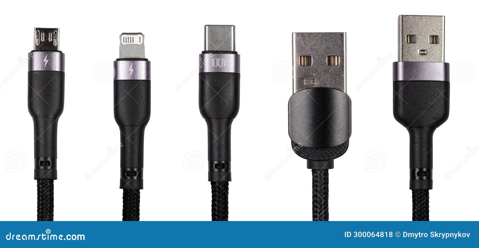 Phone Charging Cables on White Background. Different Usb Charging Plugs ...