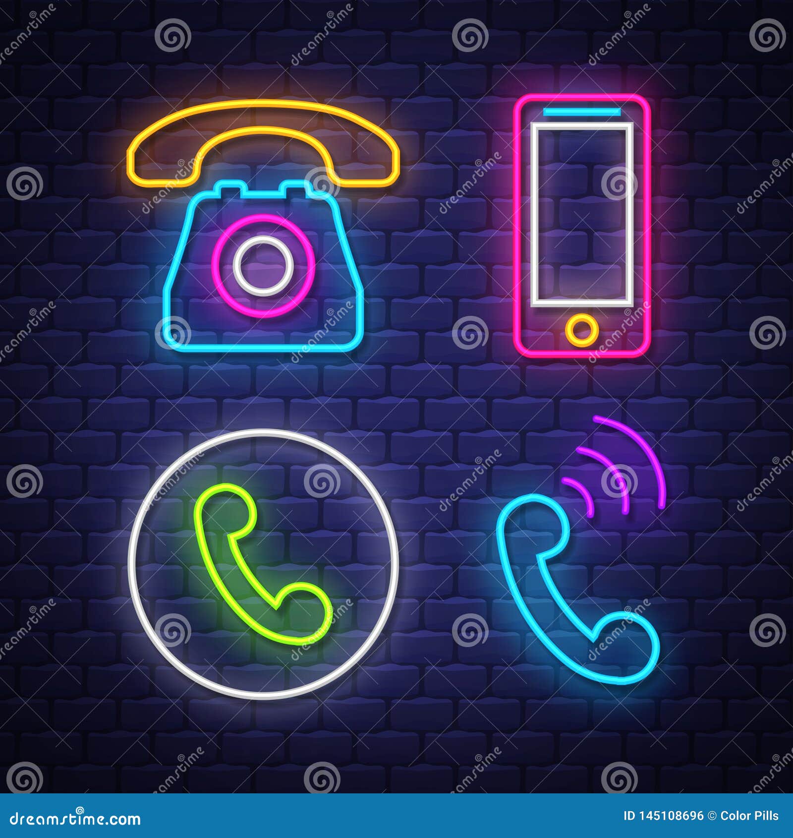 Phone Communication Neon Signs Collection Stock Illustration ...