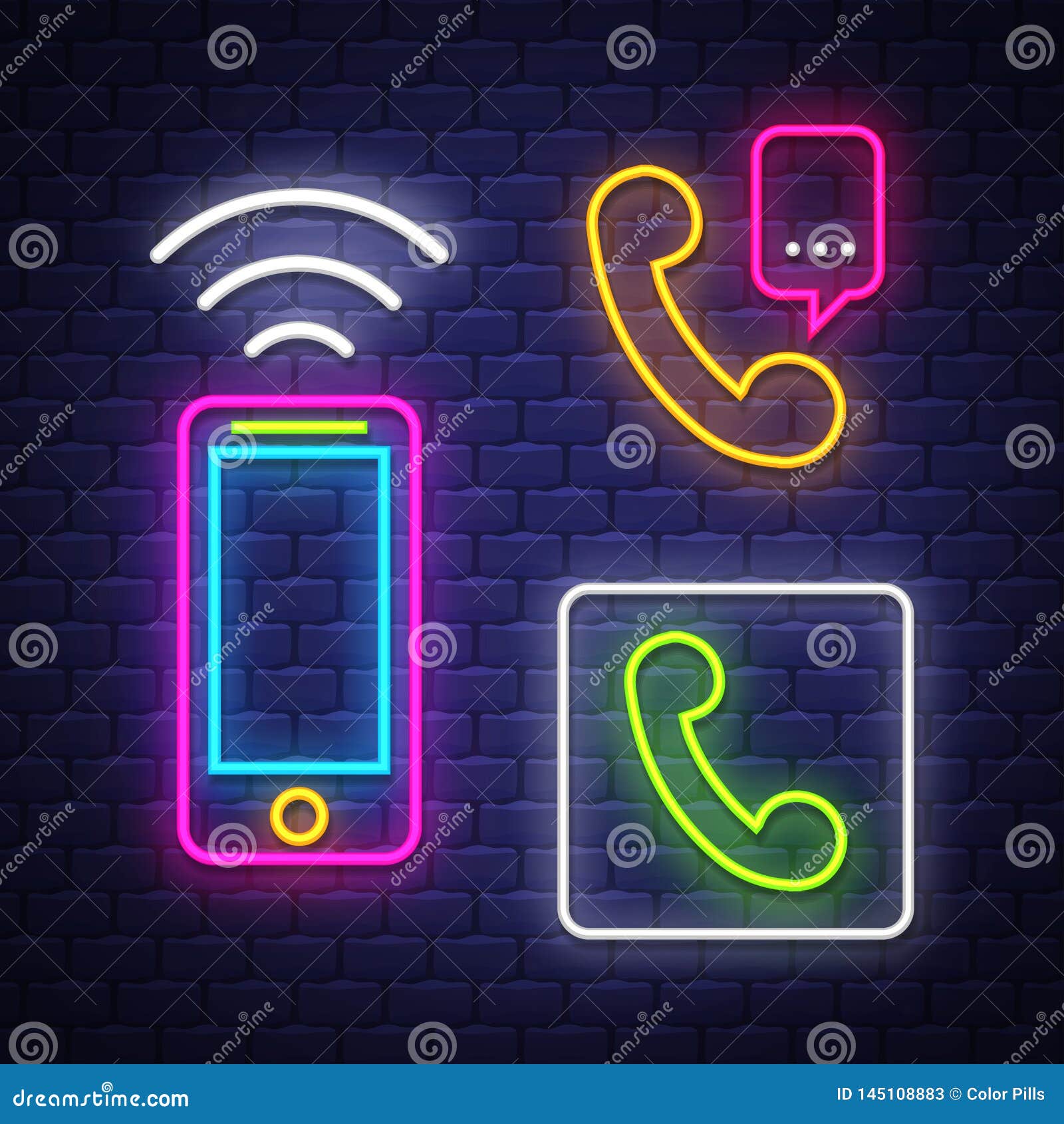Phone Communication Neon Signs Collection Stock Vector - Illustration ...