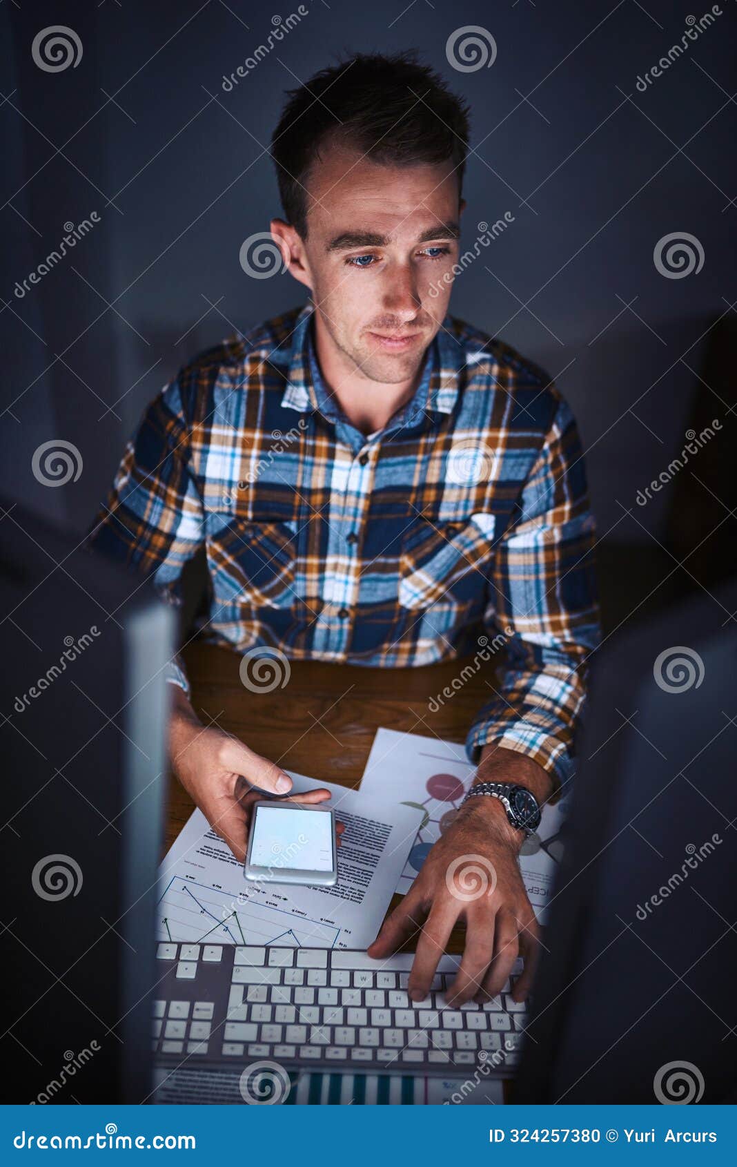 Phone, Computer and Business Man Research Information, Chart or Stats ...