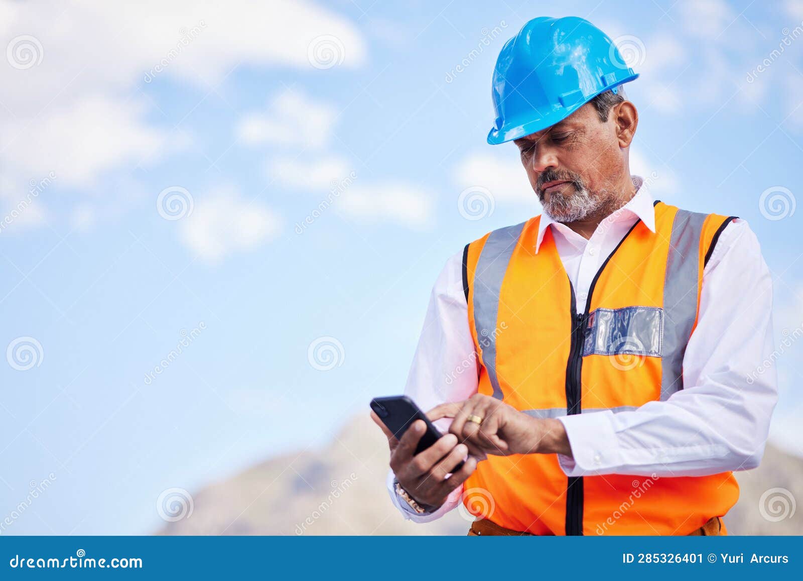 Phone, Construction Worker and Typing Communication in the City for ...