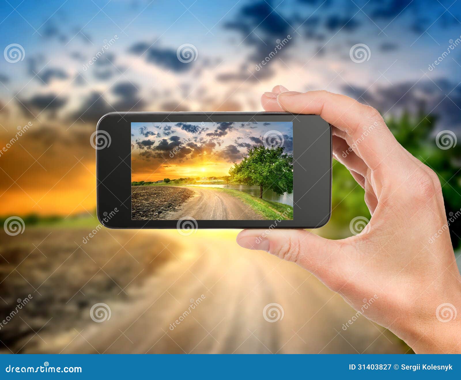 Phone and Evening Landscape Stock Image - Image of landscapes, country ...