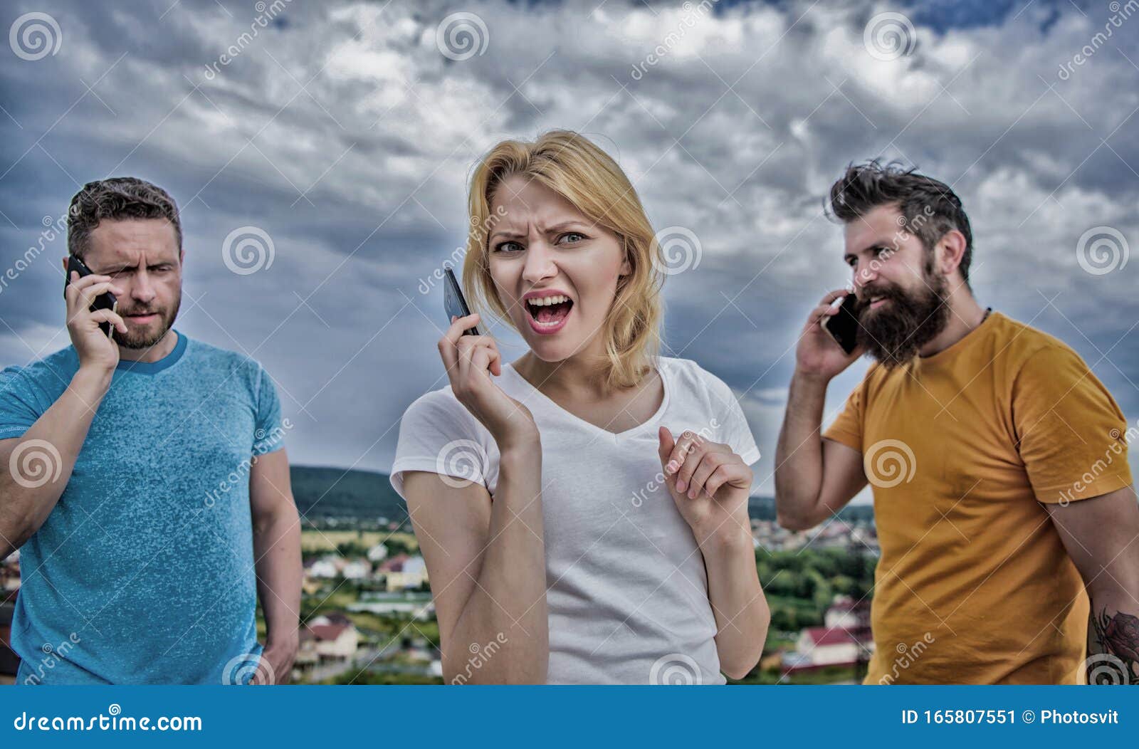 Phone. Friends Talking Using Phone at Rooftop. Friends Using Pho Stock ...