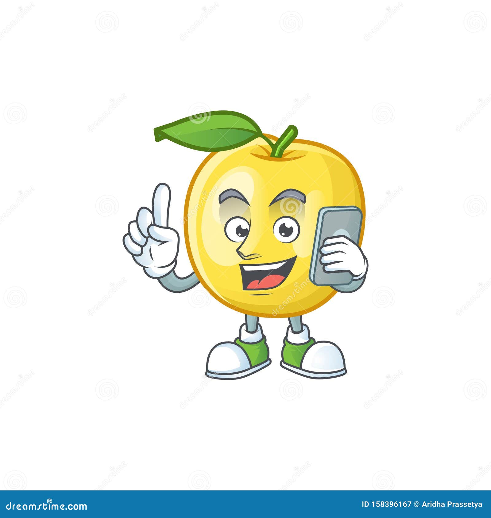 With Phone Golden Apple with Cartoon Character Style Stock Vector ...
