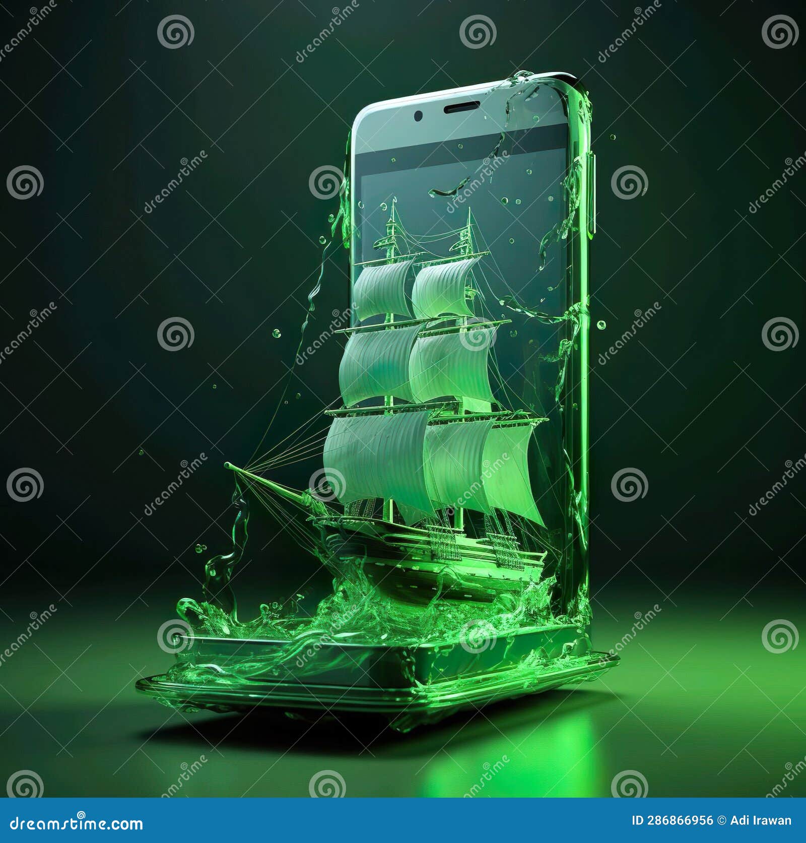 A Phone with a Green Background and Ship Hologram Illustration Stock ...