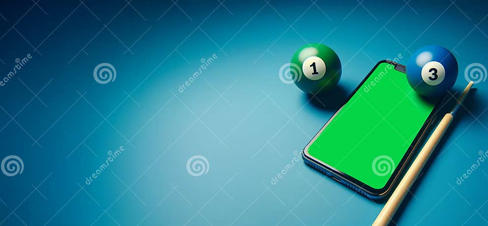 Phone with Green Screen on Blue Surface, Billiard Balls beside it ...