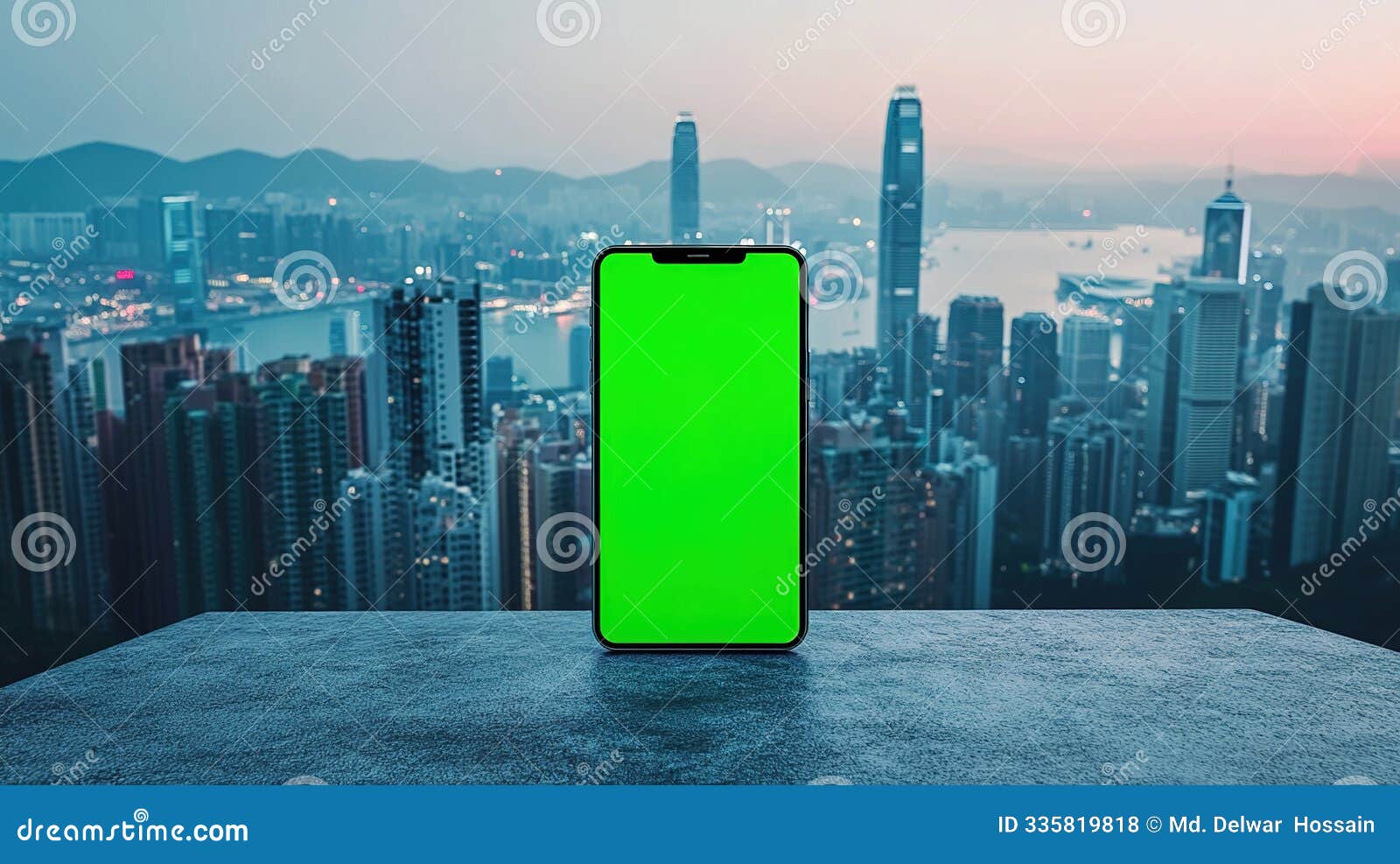 Phone with Green Screen on High-rise Building Rooftop Stock Photo ...
