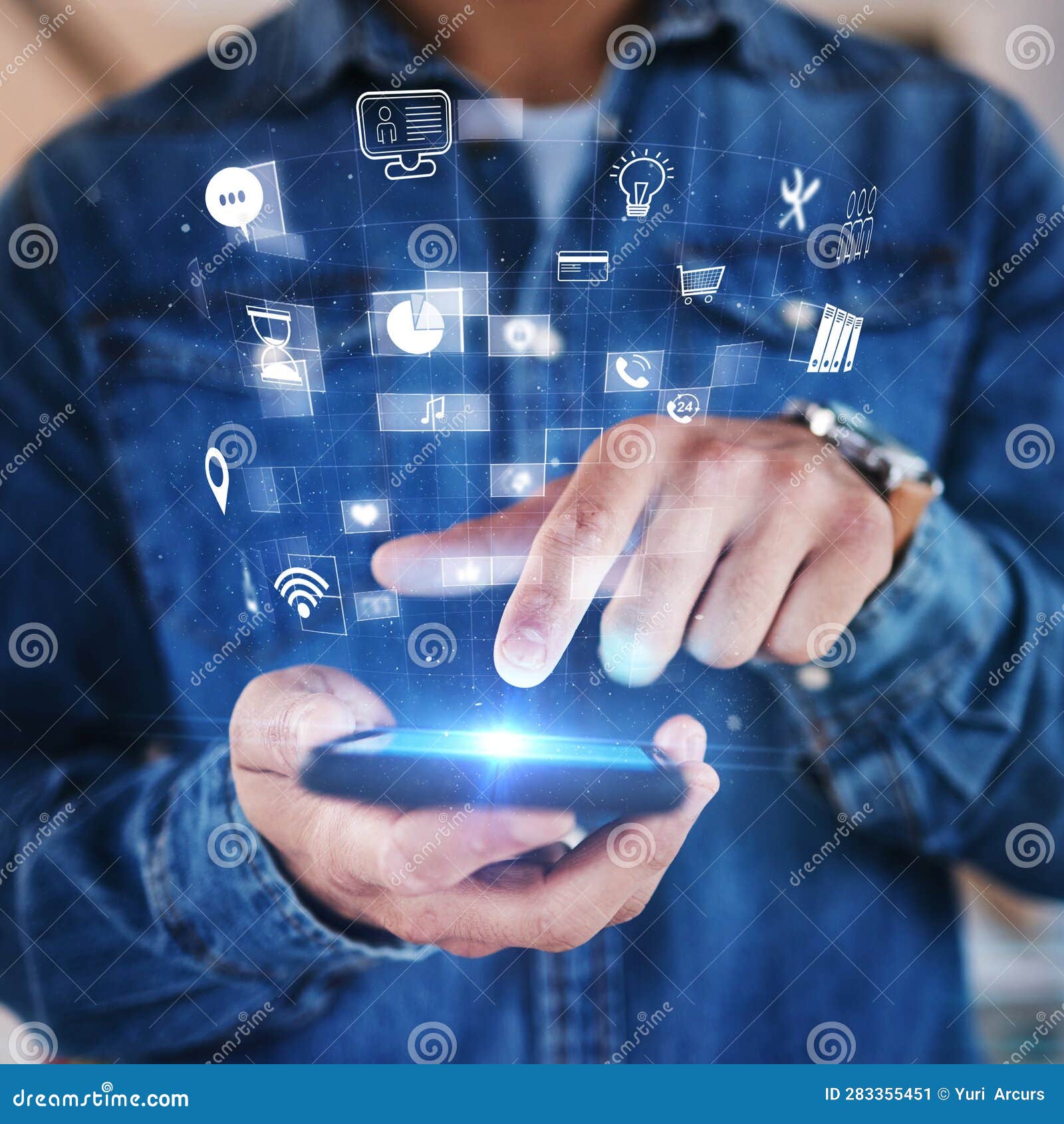 Phone in Hand, Hologram and Overlay with Futuristic Icons, Data Safety ... Phone in Hand, Hologram and Overlay with Futuristic Icons, Data Safety ...