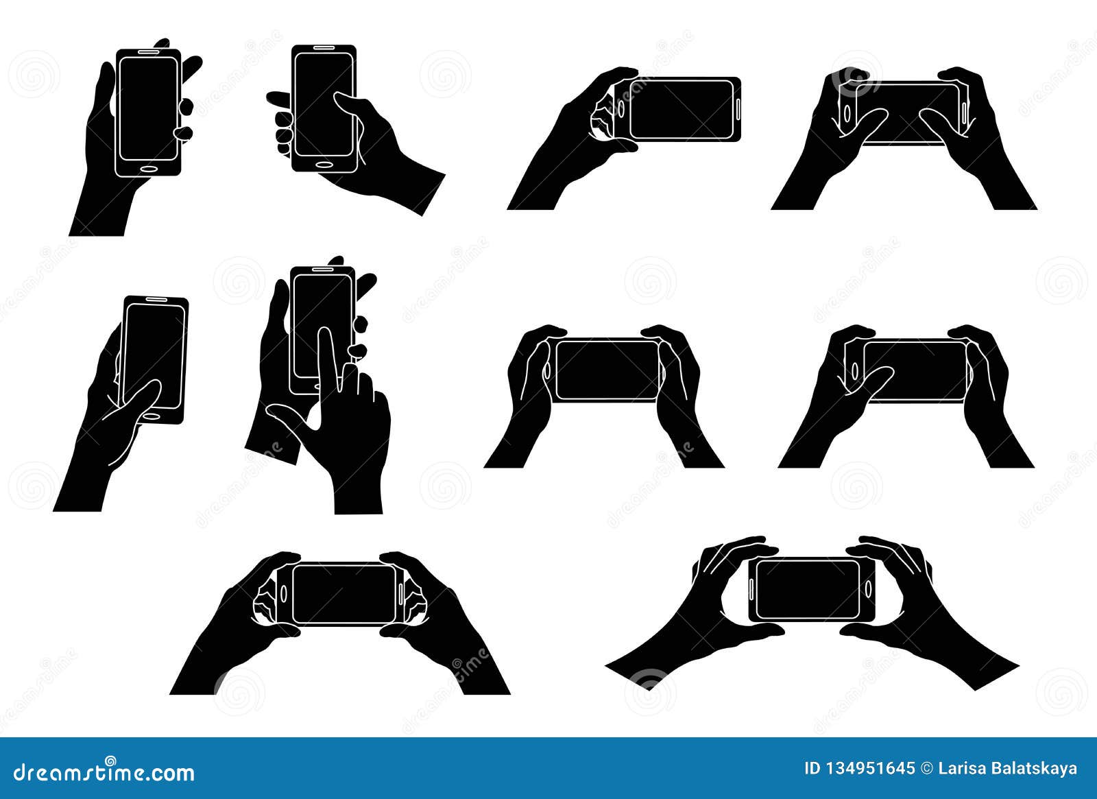 Phone in Hand. Set of Different Gestures. Black Silhouette. Isolation ...