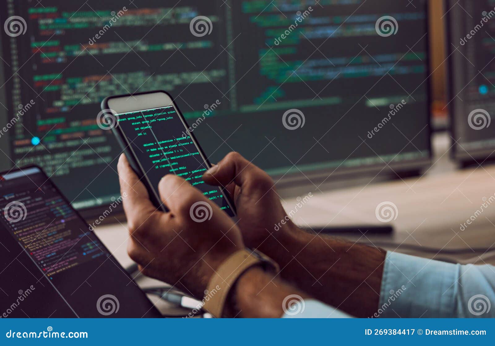 Phone In Hands Code And Man Coding Programmer And Software Update With Information Technology