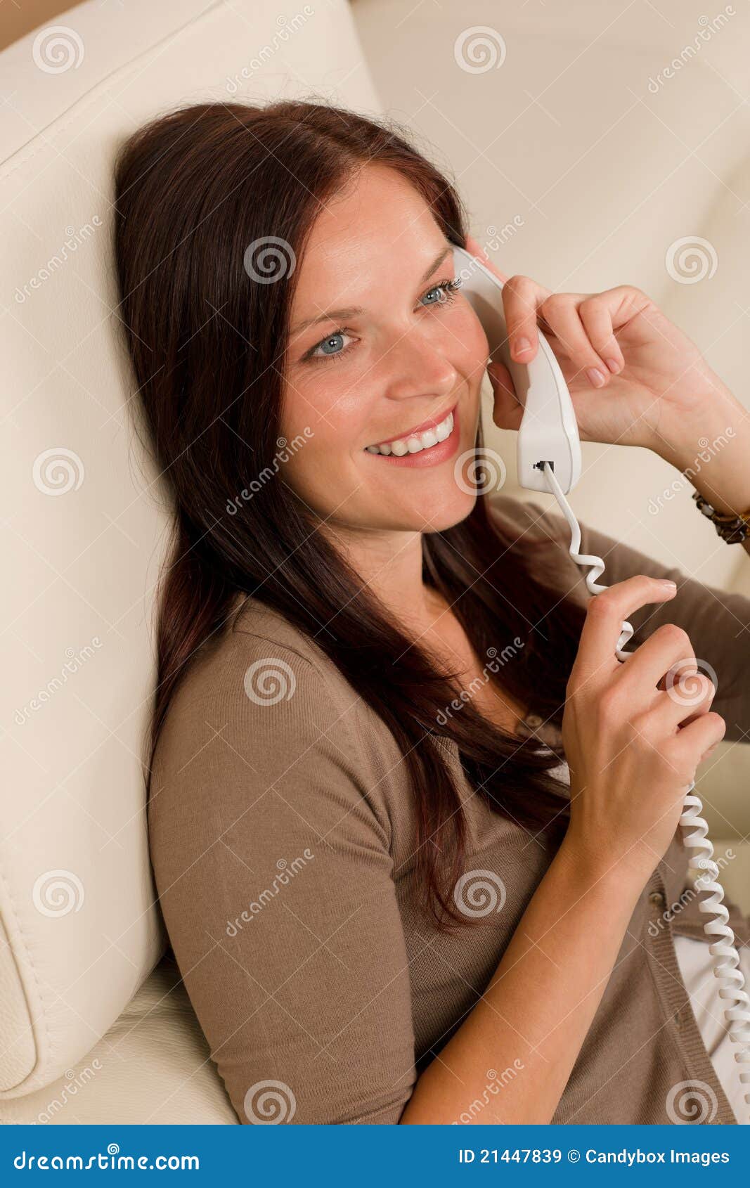 On the Phone Home Smiling Woman Calling Stock Image - Image of female ...