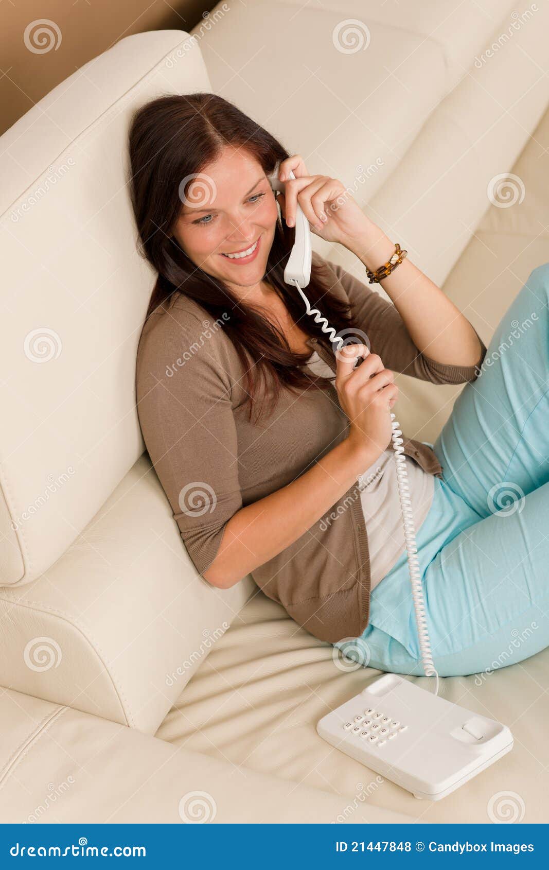 On the Phone Home Smiling Woman Calling Stock Photo - Image of female ...