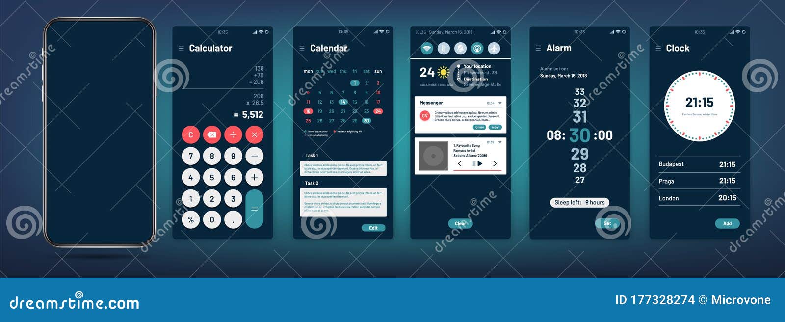 Phone Interface. Modern Mobile Application Template. Calendar, Clock ...