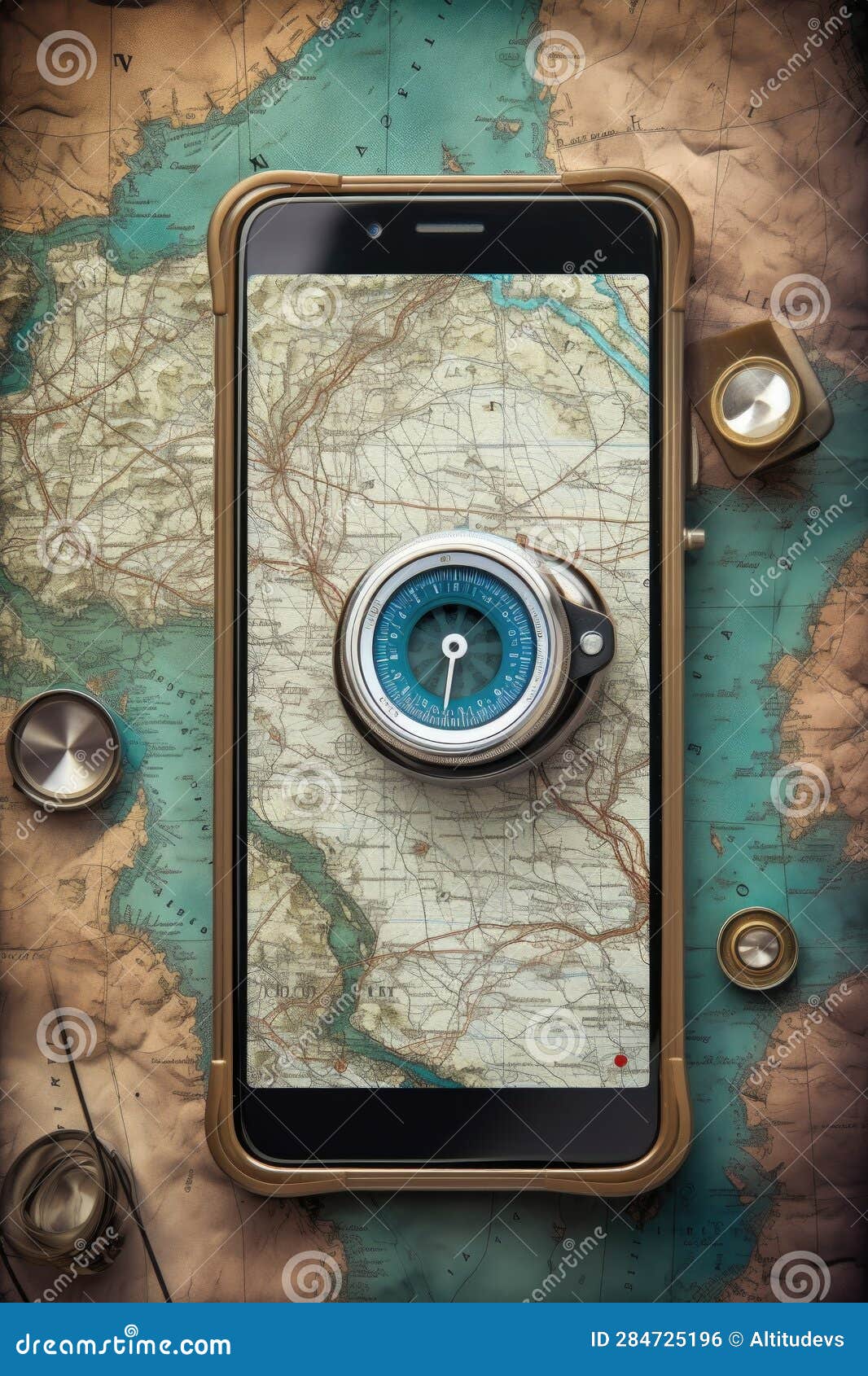 Phone with Map App on Screen by Compass and Binoculars Stock ...