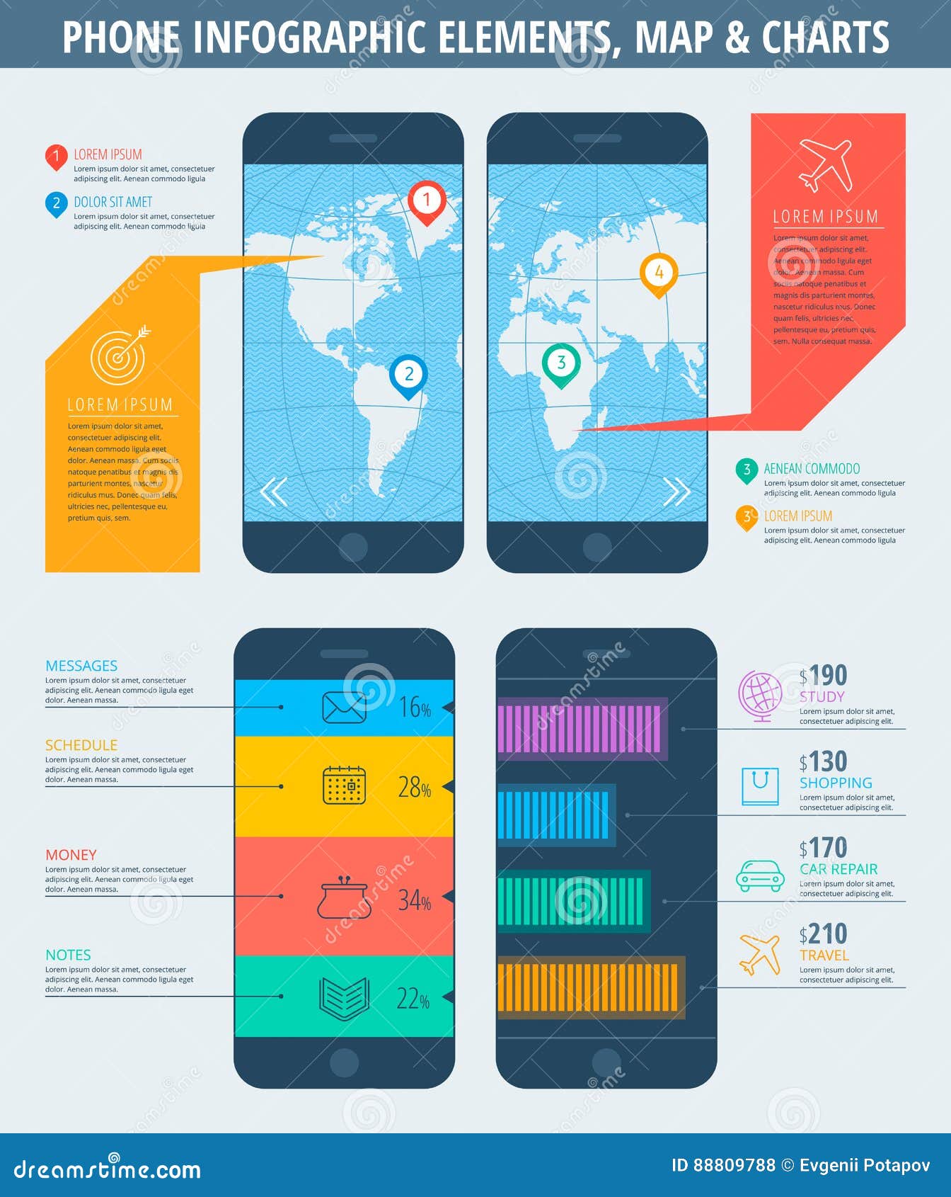 Phone Map Of The World And Charts Vector Illustration | CartoonDealer ...