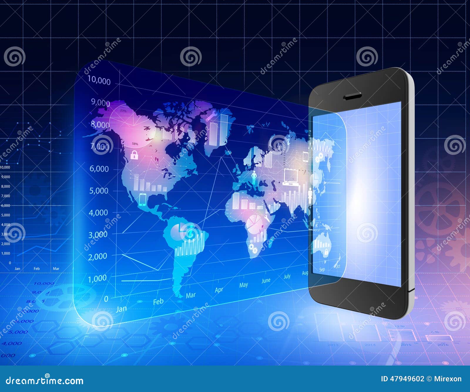 Phone with Outside Screen the World Map and Icons. Stock Illustration ...
