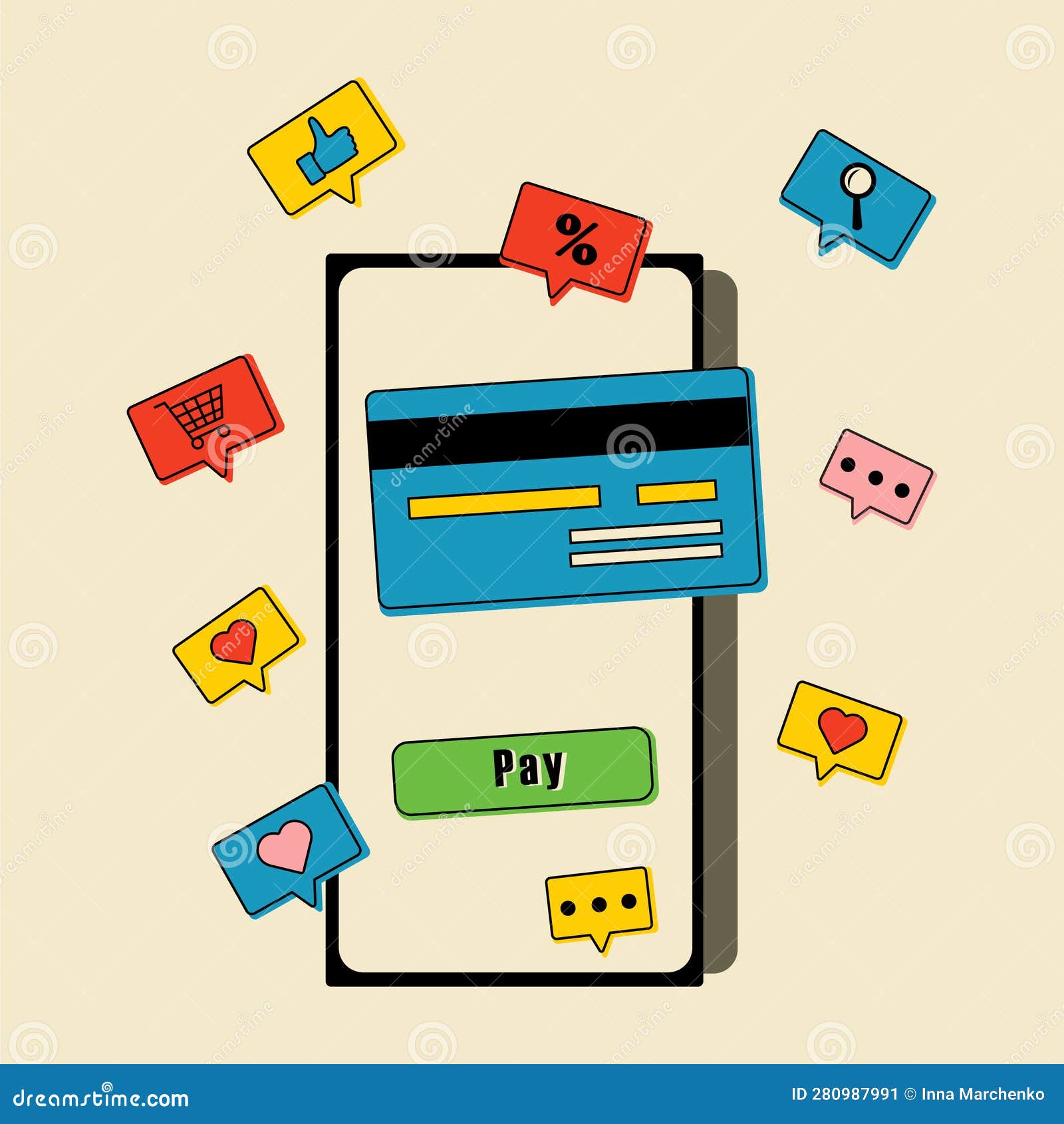 Phone with Pay on Screen and Decorative Design Elements. Stock Vector ...