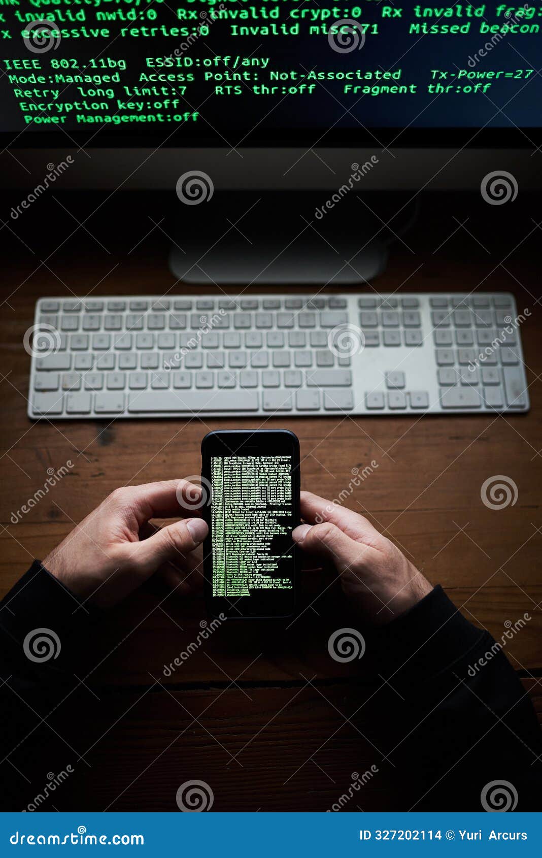 Phone, Programmer Hands and Data Screen with Software for Hacking Crime ...