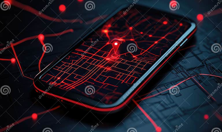 A Phone with a Red Screen Showing a Map of a City Stock Image - Image ...