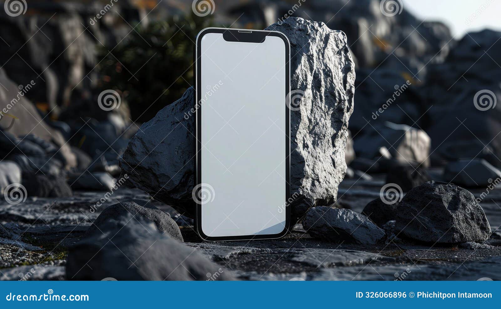 Phone and Rocks Mockup on Rugged Surface Dark Theme Stock Photo - Image ...