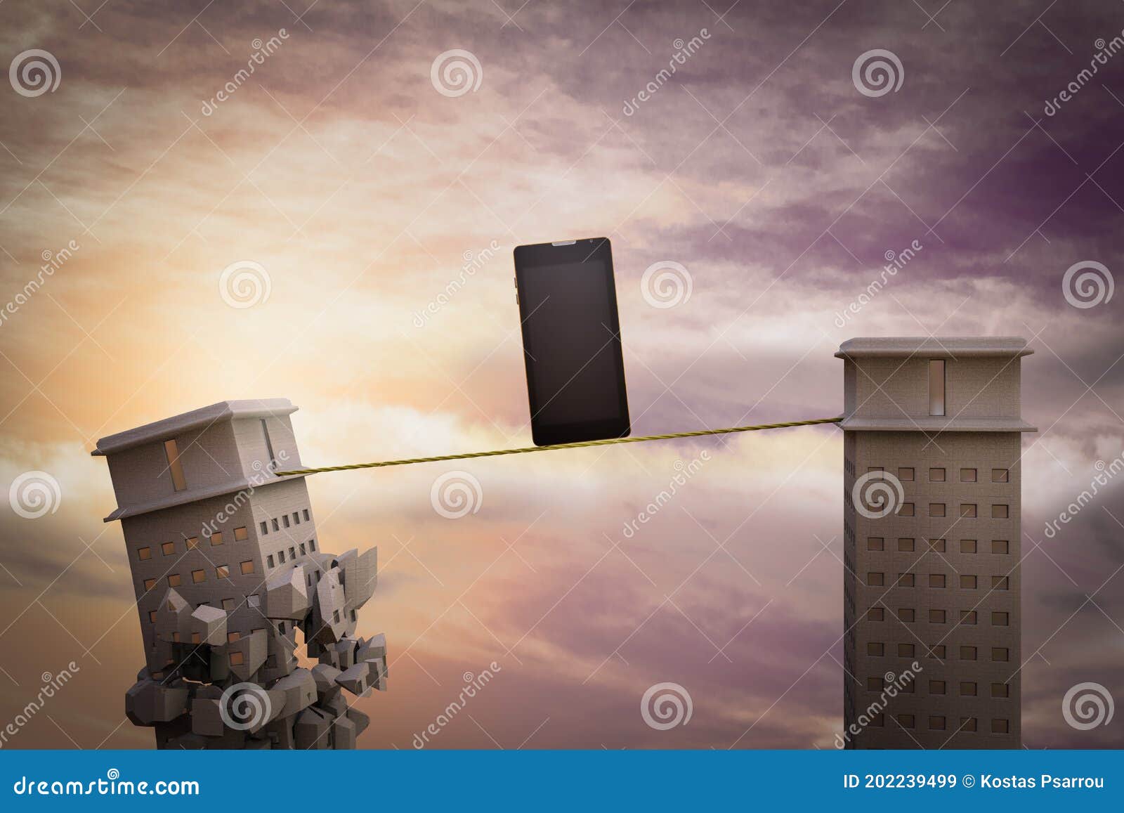 Phone on a Rope with One Skyscraper Ready To Collapse. Stock ...
