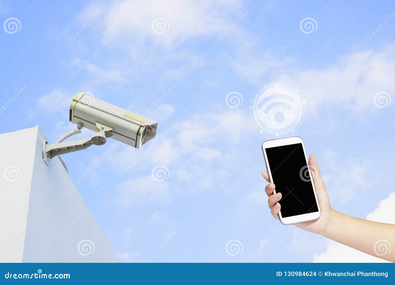 Phone and Security Camera on Building with Blue Sky, Internet an Stock ...