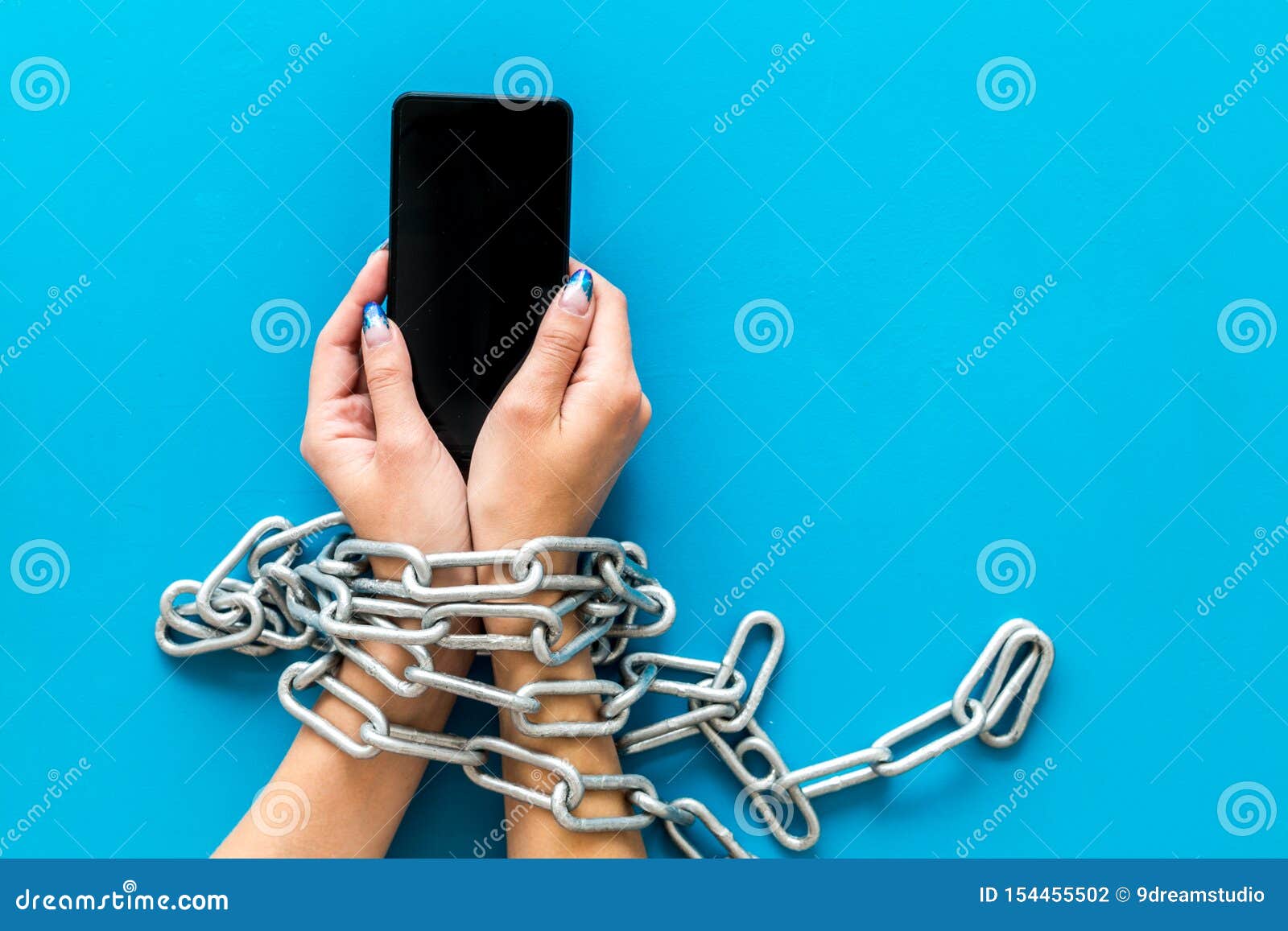 Phone Security System with Mobile in Hands and Chain on Blue Background ...