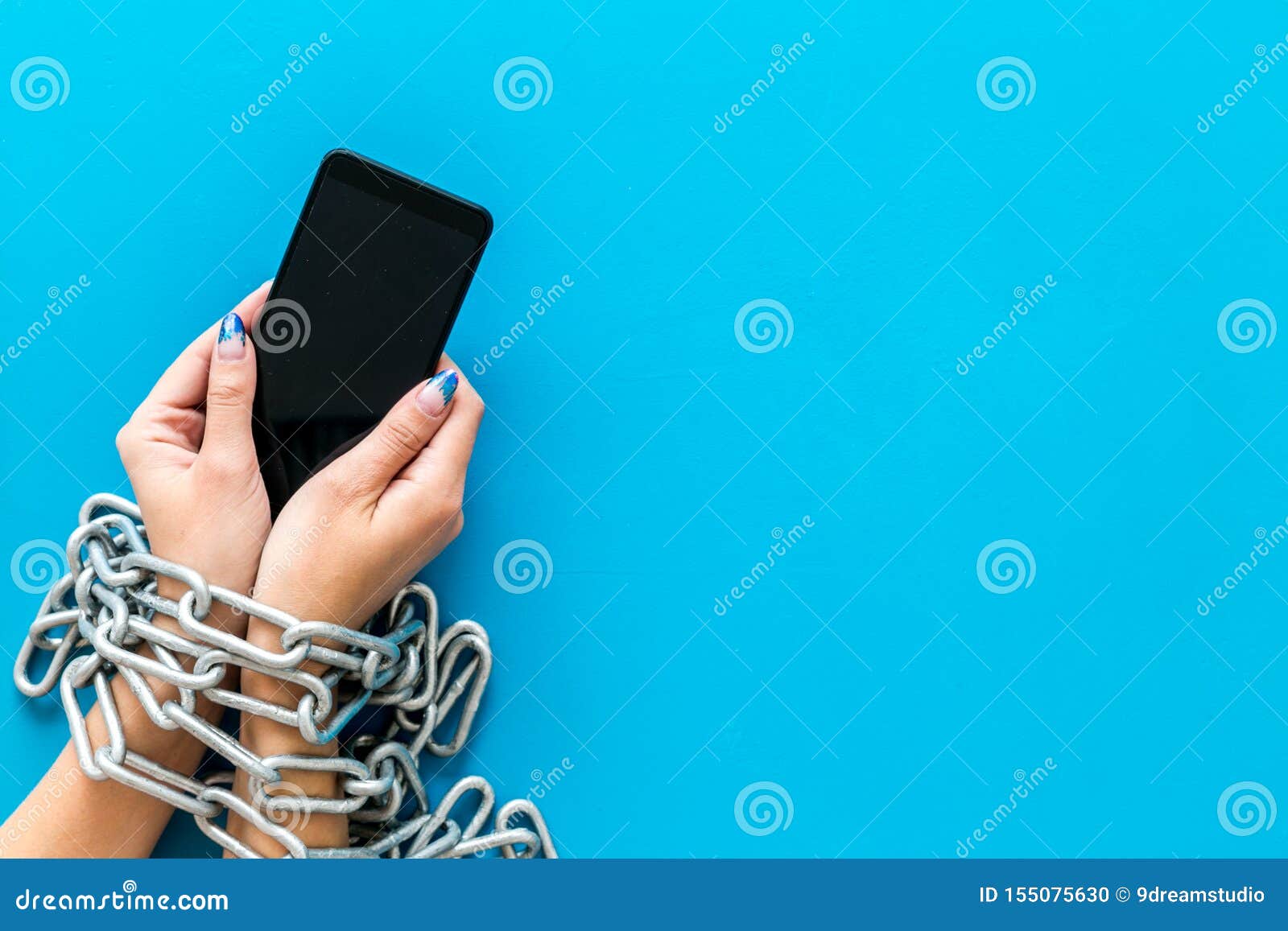 Phone Security System with Mobile in Hands and Chain on Blue Background ...