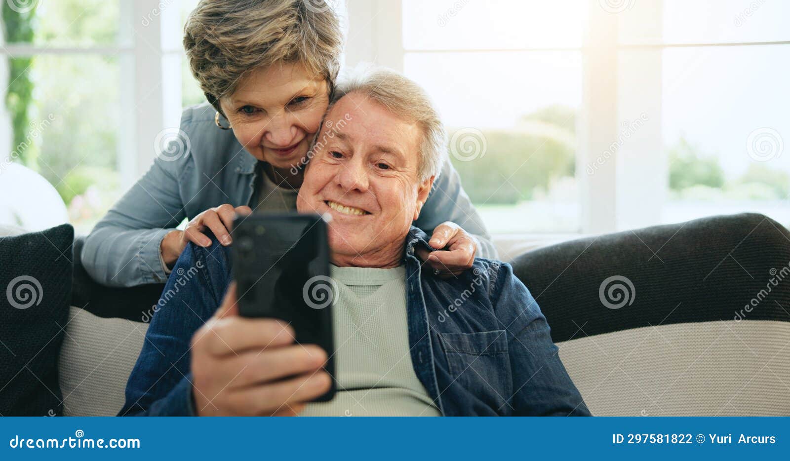 Phone Senior Or Happy Couple On Social Media On Couch For
