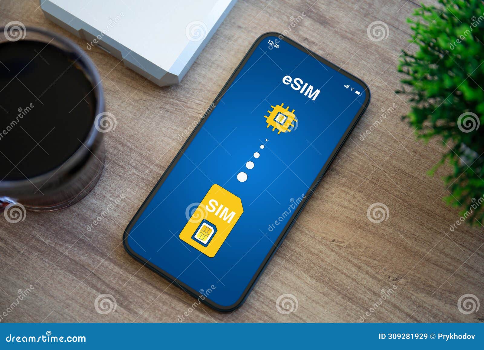 Phone with Sim Card Replacement on ESim Screen in Office Stock Image ...