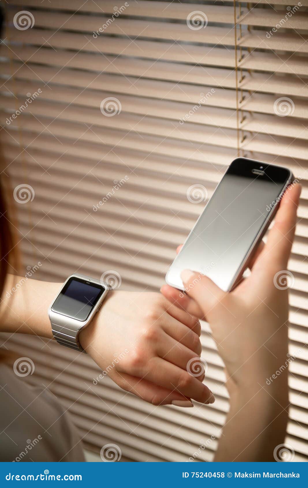 Phone and Smart Watch on a Female Hand Stock Photo - Image of interface ...