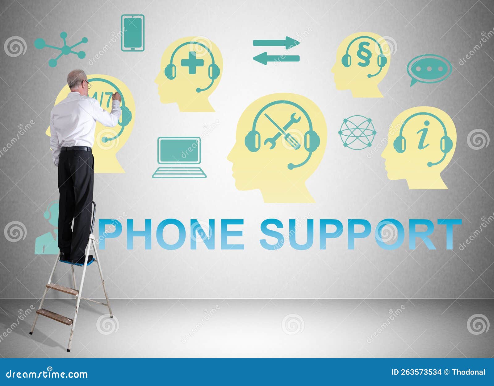 Phone Support Concept Drawn by a Man on a Ladder Stock Photo - Image of ...