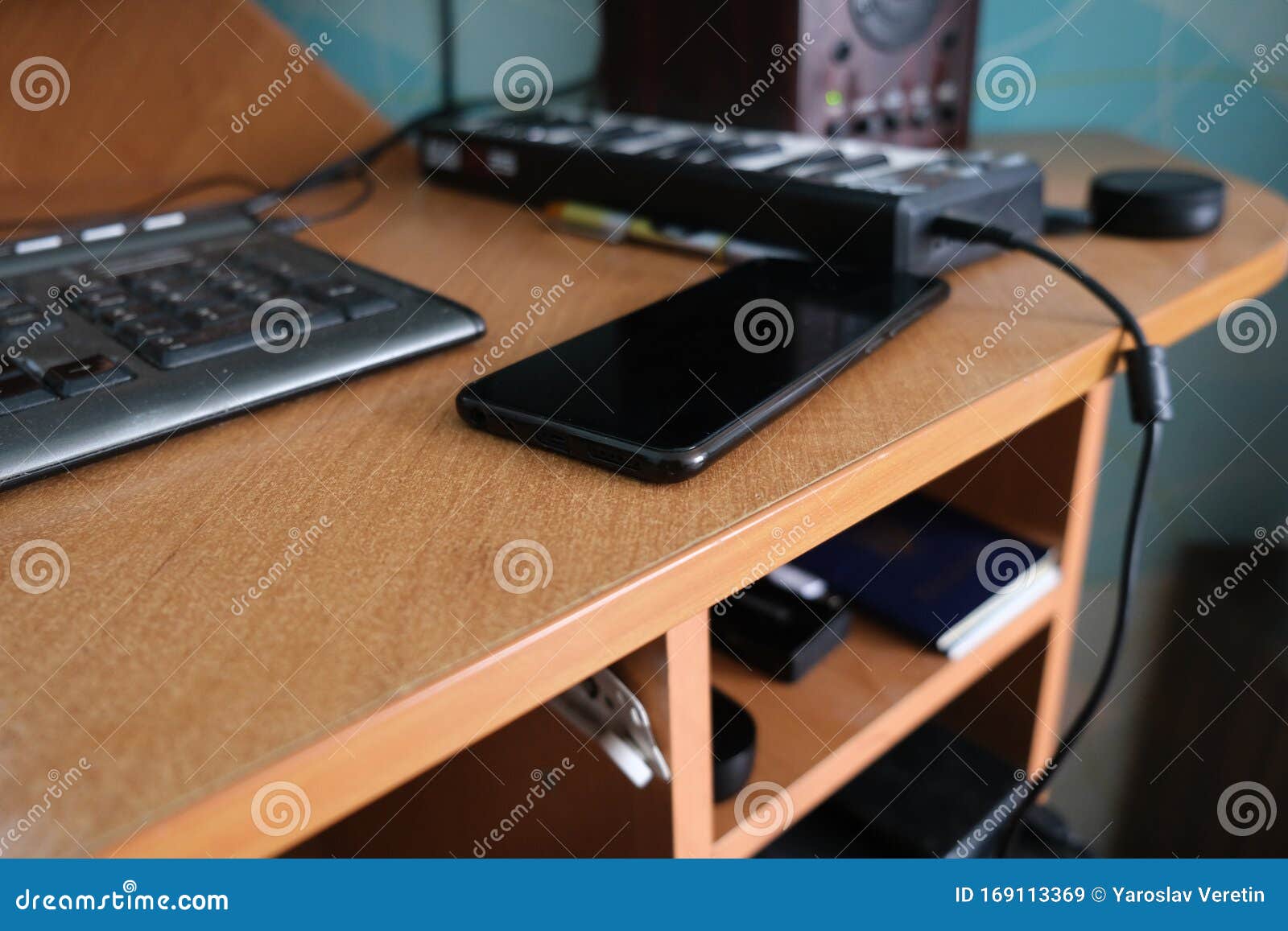 Phone on Table. Mobile Phone with Computer Stock Image - Image of empty ...