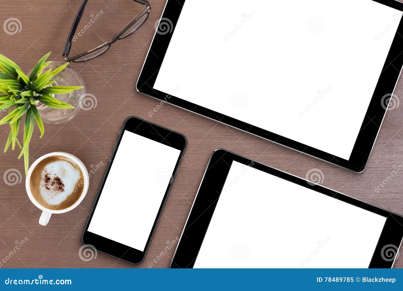 Phone and Tablet Blank Screen on Table Top View Stock Image - Image of ...